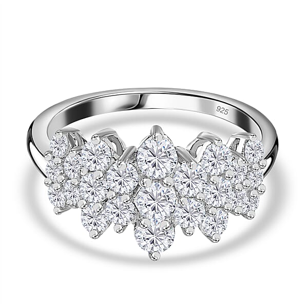 Moissanite Boat Cluster Ring in Platinum Overlay Sterling Silver 1.25 ...