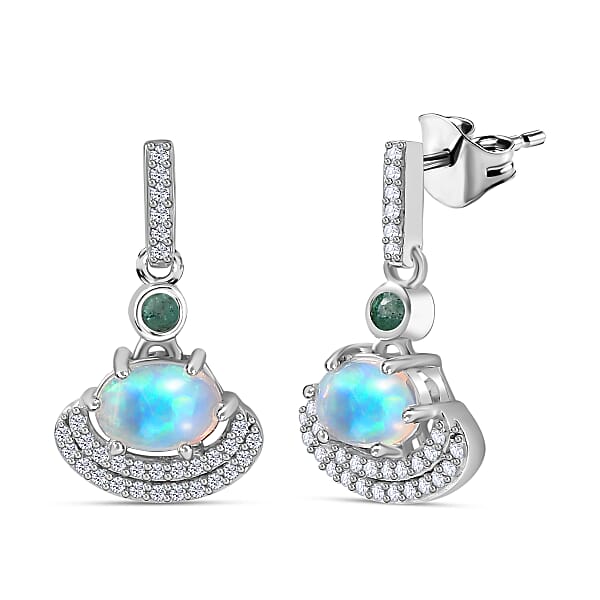 Ethiopian Welo Opal, Emerald & Natural Zircon Earrings in Platinum ...
