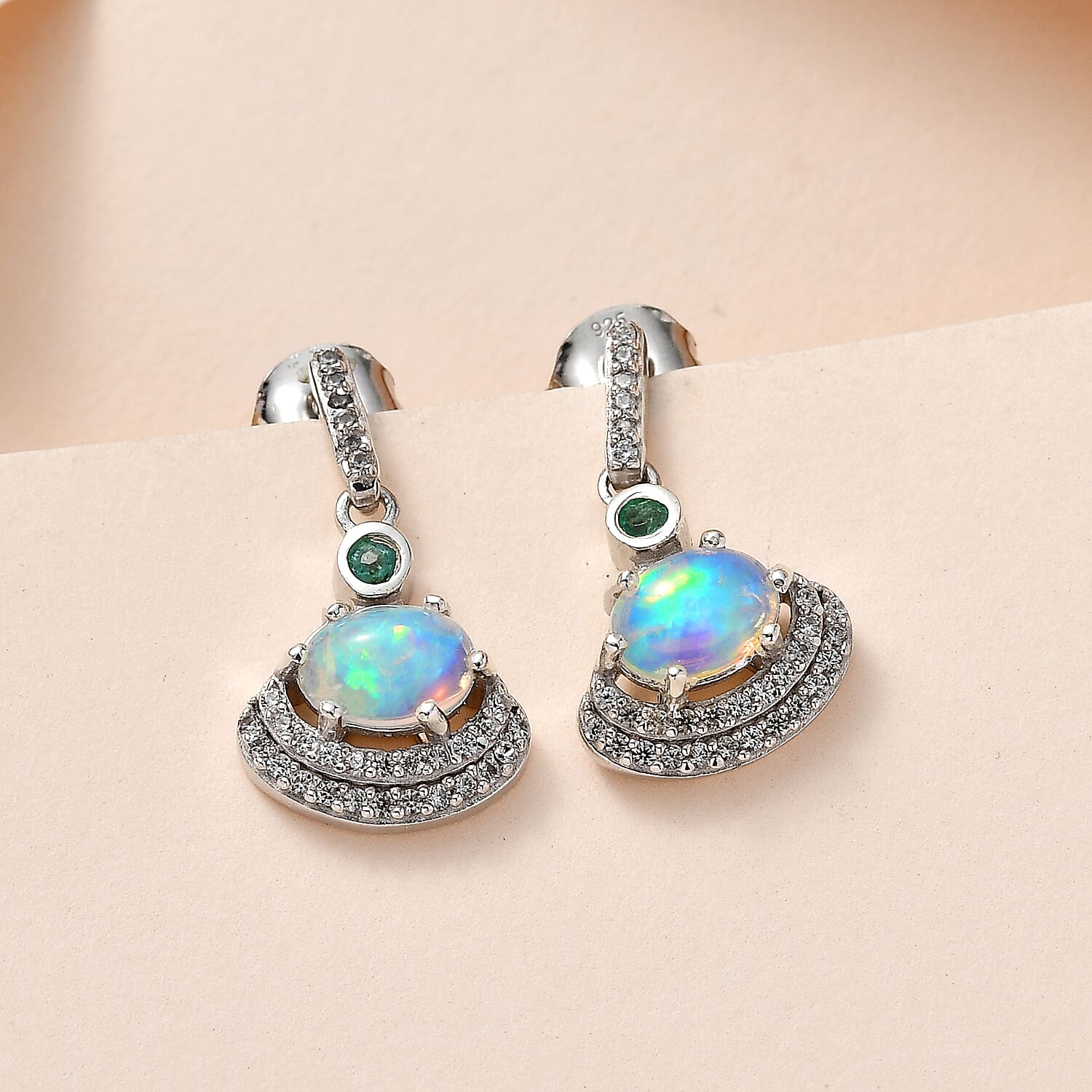 Ethiopian Welo Opal, Emerald & Natural Zircon Earrings in Platinum ...