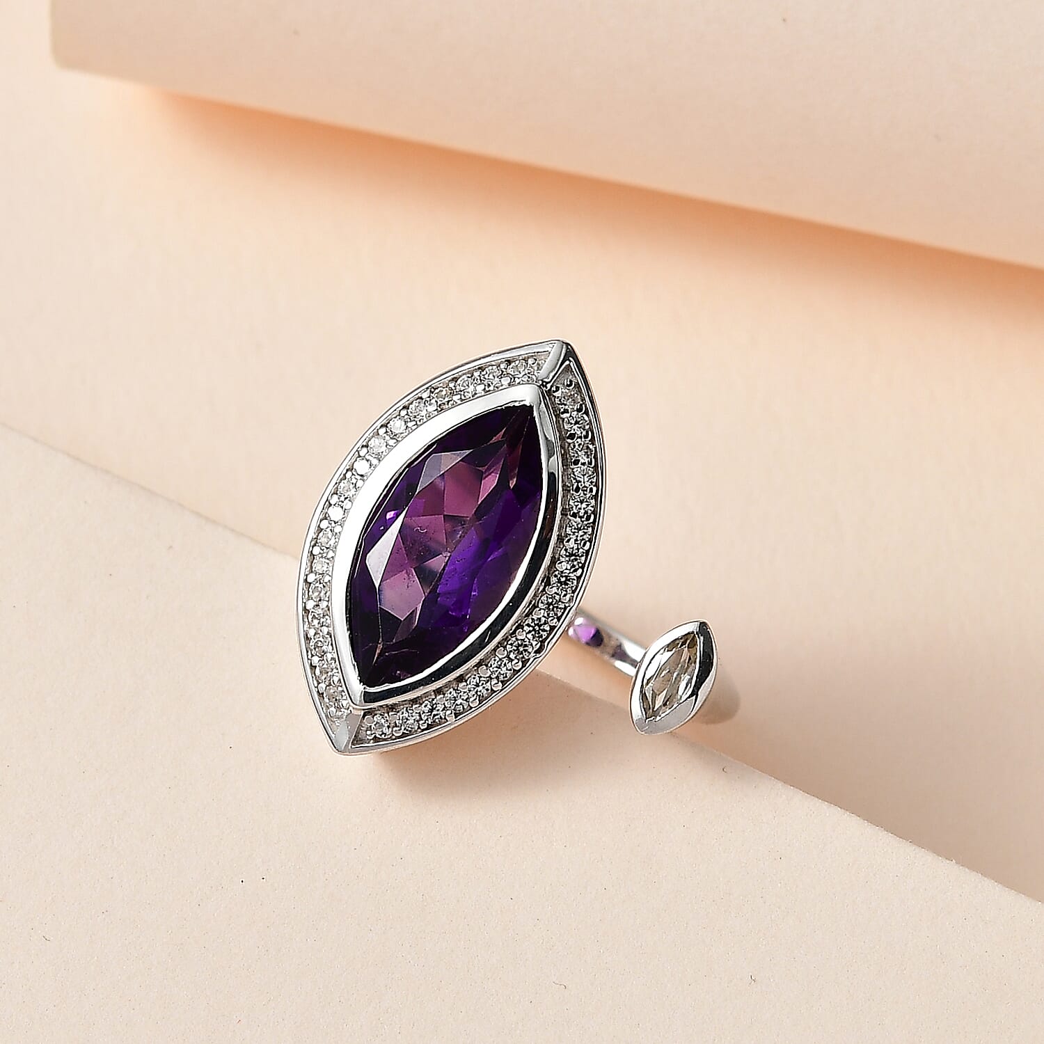 AAA Amethyst & Natural Zircon (Marquee) Ring in Platinum Overlay ...