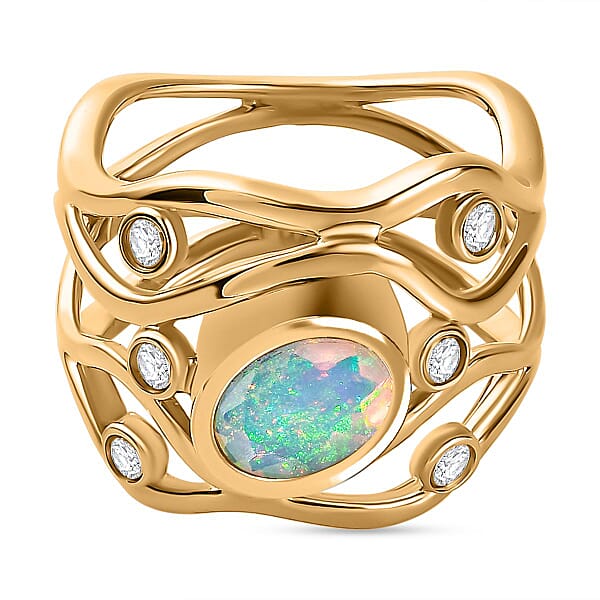 Ethiopian Welo Opal and Natural Zircon Cluster Ring in 18K Yellow Gold Vermeil Plated Sterling ...