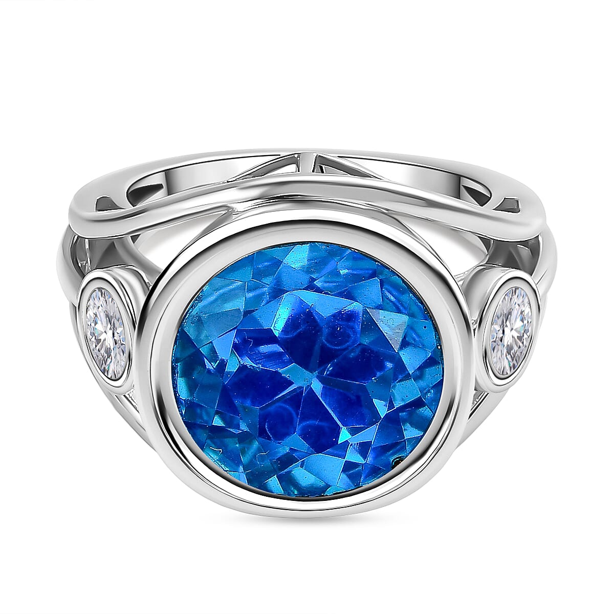 Carribean Quartz & Natural Zircon 3 Stone Ring in Platinum Overlay ...