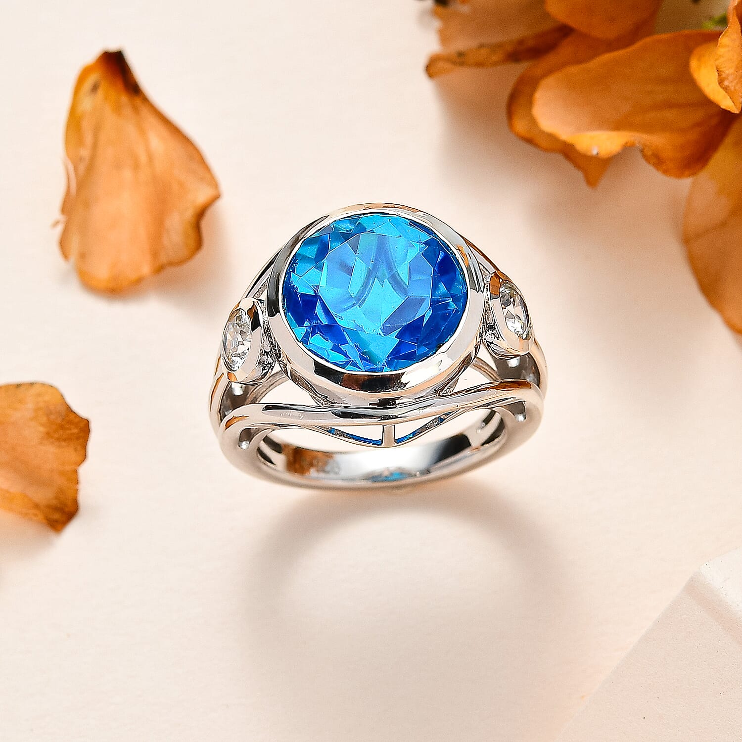 Carribean Quartz & Natural Zircon 3 Stone Ring in Platinum Overlay ...