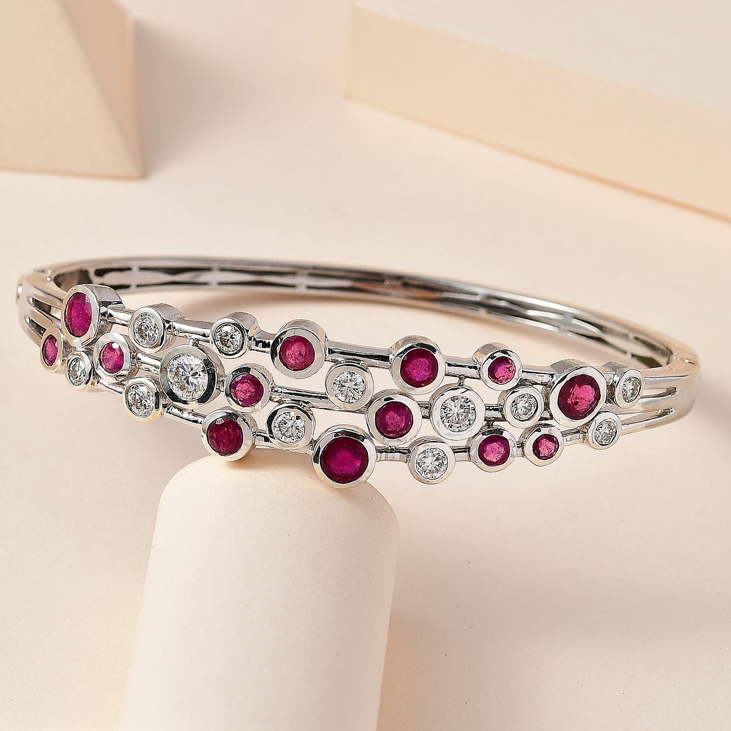 African Ruby and Moissanite Bangle (Size 7.5) in Platinum Overlay ...
