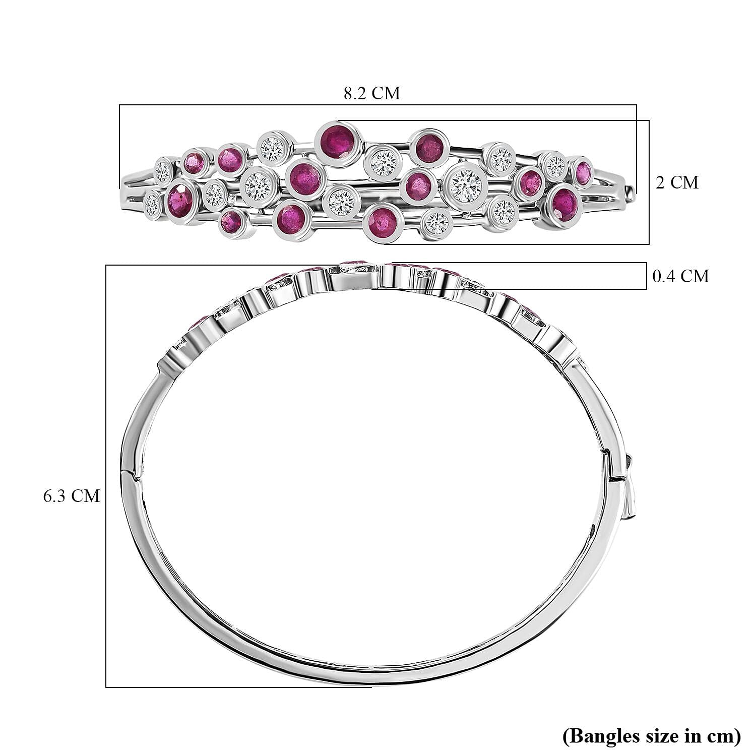 African Ruby and Moissanite Bangle (Size 7.5) in Platinum Overlay ...
