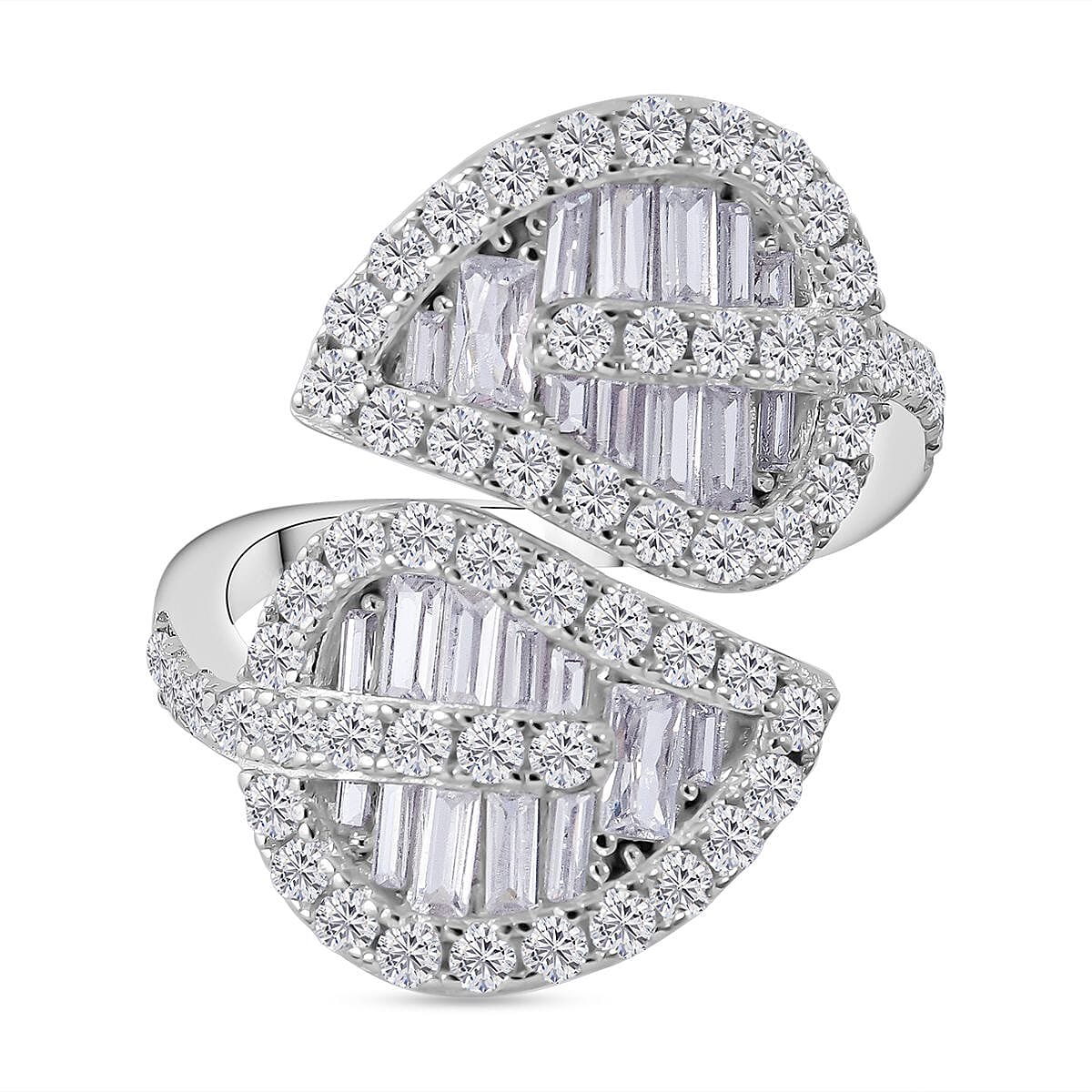 Designer Inspired - Cubic Zirconia Leaf Bypass Ring in Rhodium Overlay ...