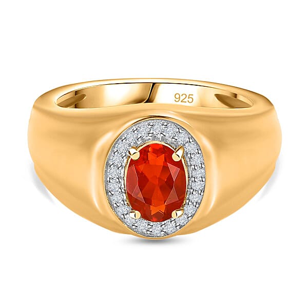 Salamanca Fire Opal and Natural Zircon Signet Halo Ring in 18K Yellow ...