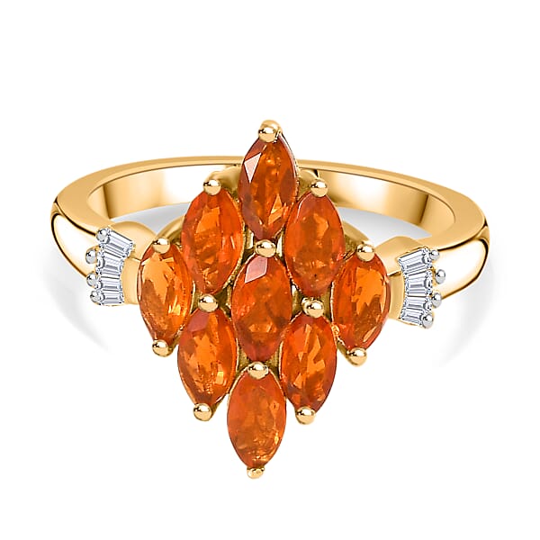 Fire Opal, White Diamond Cluster Ring in 18K Vermeil YG Plated Sterling ...