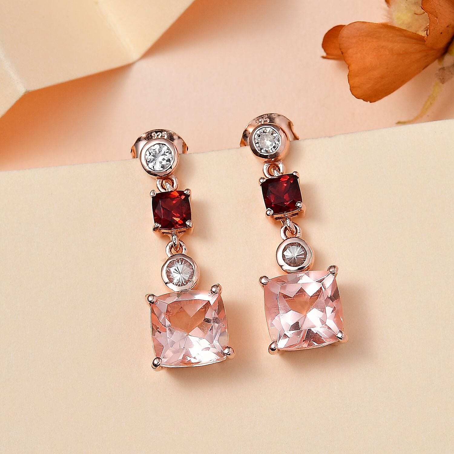 Morganite Colour Quartz, Red Garnet and Natural Zircon Earrings in 18K ...