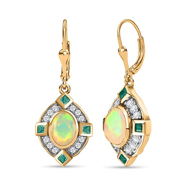 Ethiopian Welo Opal,Emerald & Natural Zircon Earrings in 18K Vermeil YG ...