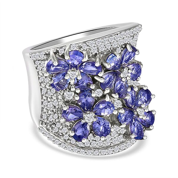 Premium Tanzanite & Natural Zircon Floral Ring in Platinum Overlay ...