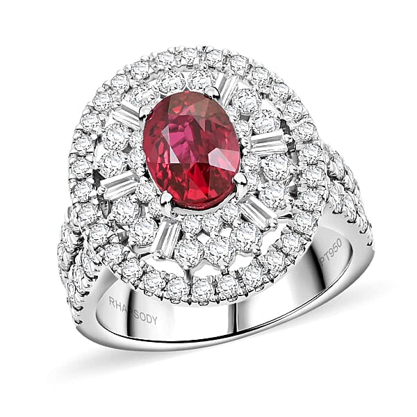 Appraised and Certified 4 Ct. Ruby, Diamond Halo Ring in 950 Platinum ...