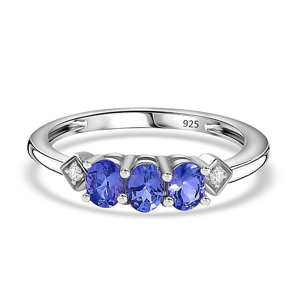 Tanzanite & Natural Zircon 5 Stone Ring in Platinum Overlay Sterling ...