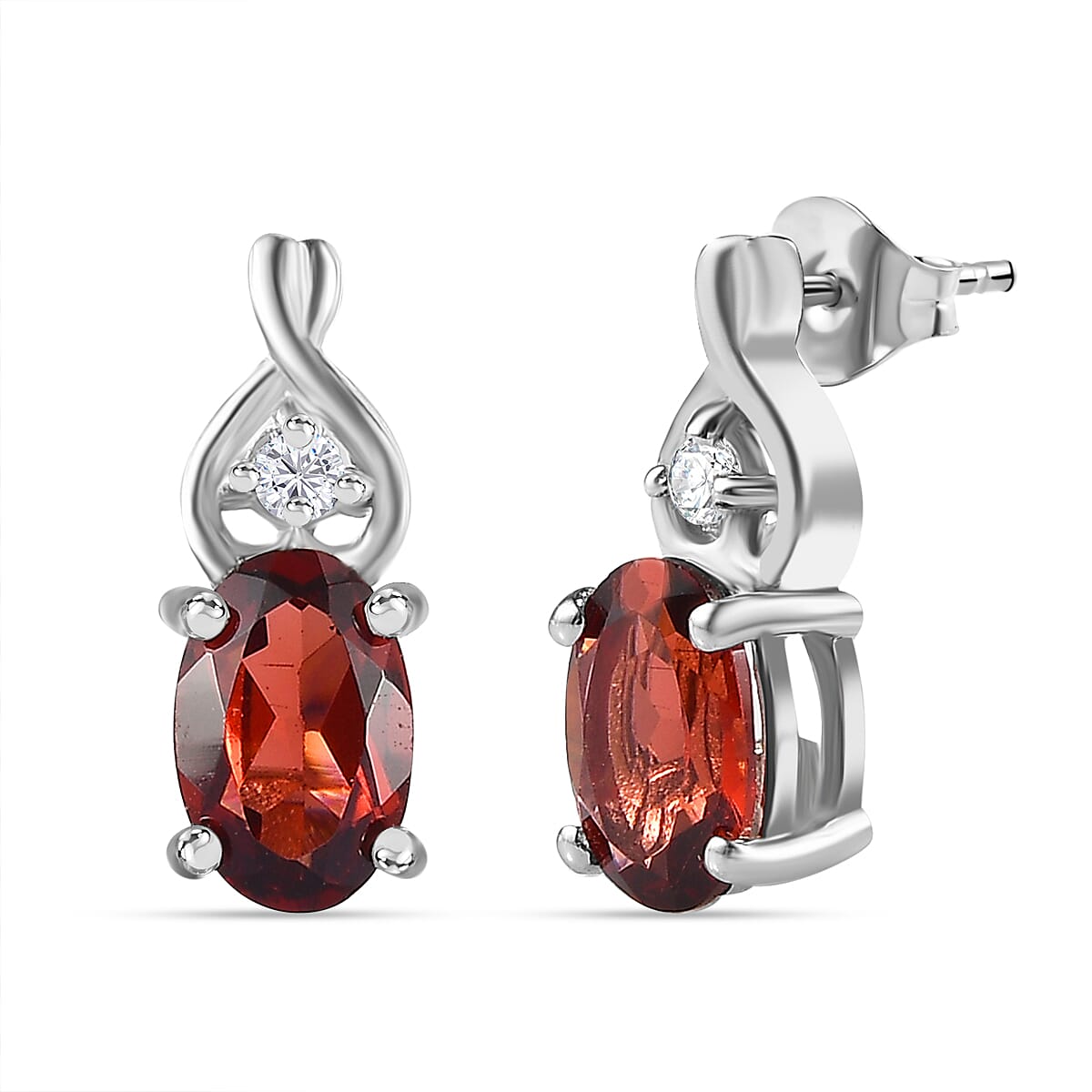 Red Garnet , White Zircon Solitaire Stud Push Post Earring in Platinum ...