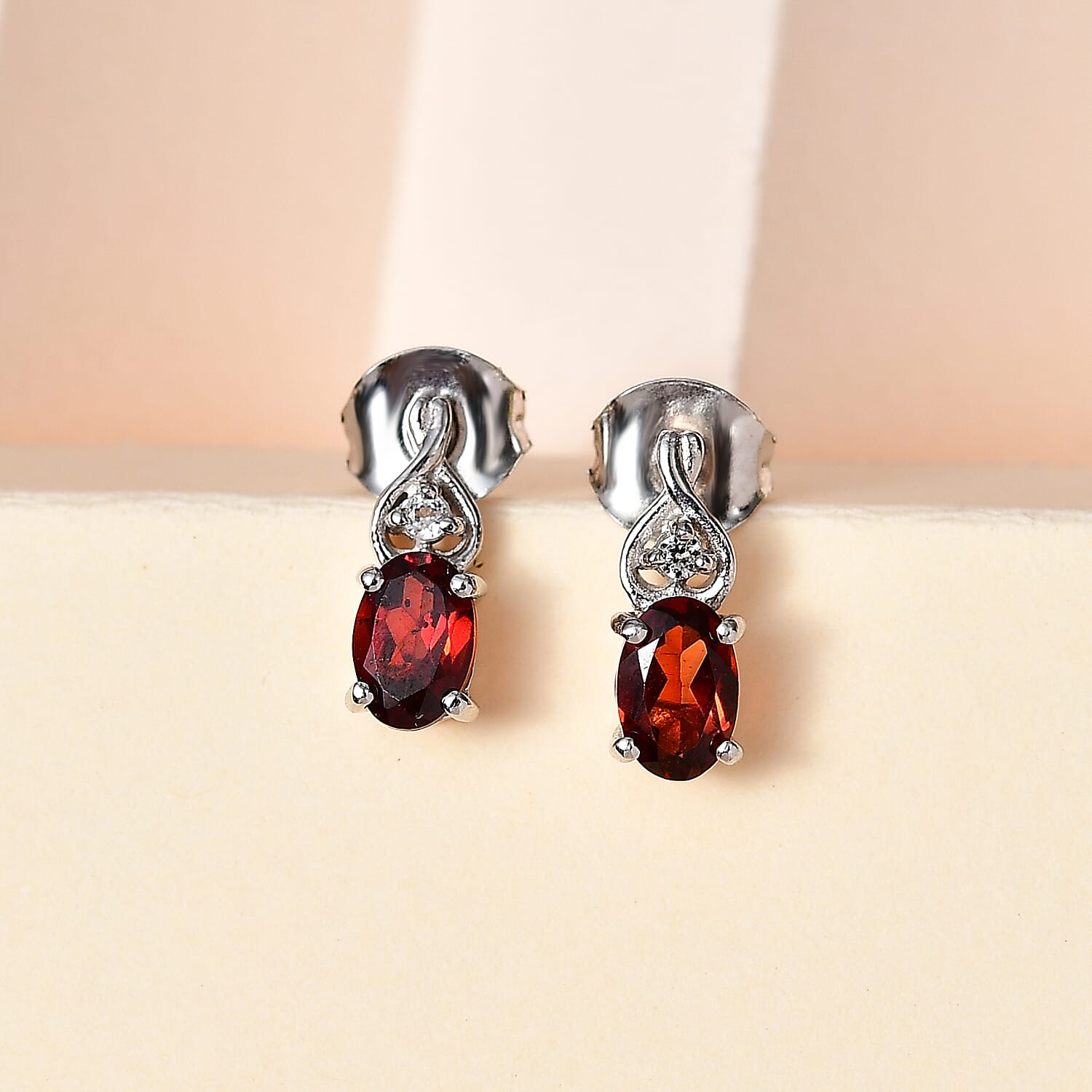 Red Garnet , White Zircon Solitaire Stud Push Post Earring in Platinum ...