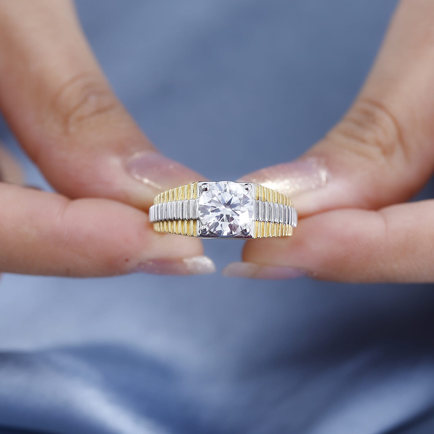 Moissanite Mens Ring in 18K Vermeil Yellow Gold Plated Sterling Silver 2.50 Ct, Silver Wt. 6.82 ...