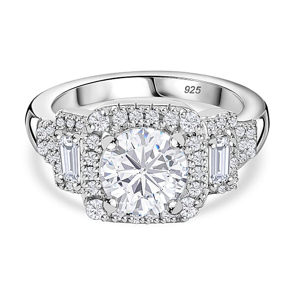 Moissanite Halo Ring in Rhodium Overlay Sterling Silver 2.21 Ct ...