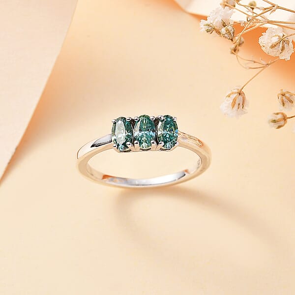 One Time Exclusive - Premium Paraiba Moissanite 3 Stone Ring in ...