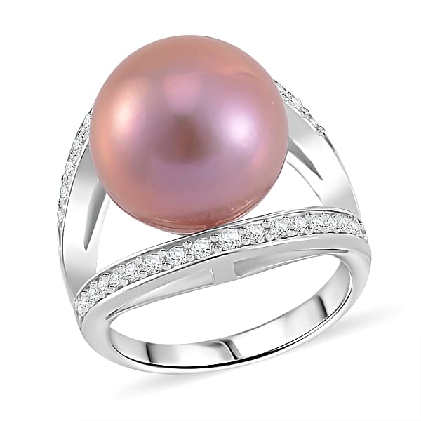 Multi Colour Edison Pearl and Natural Zircon Split Shank Ring in ...