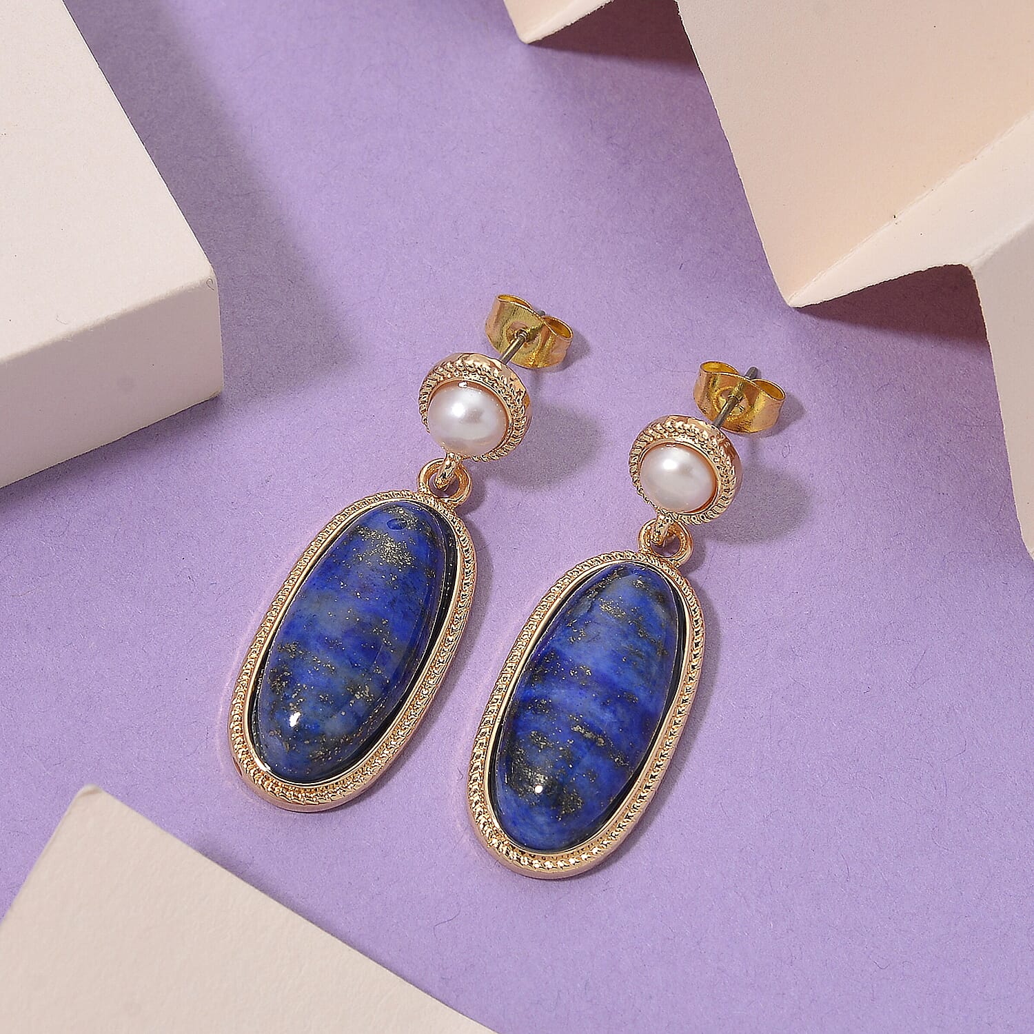 Lapis Lazuli & White Fresh Water Pearl Earring with Push Back in Yellow ...