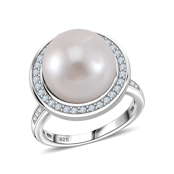 White Edison Pearl & Natural Zircon Ring in Rhodium Overlay Sterling ...