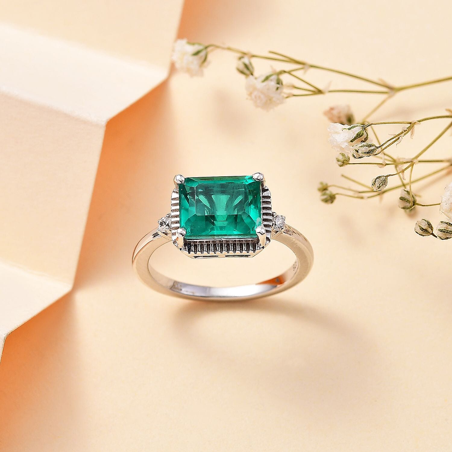 Emeraldine Triplet Quartz and Natural Zircon 3-Stone Ring in Rhodium ...