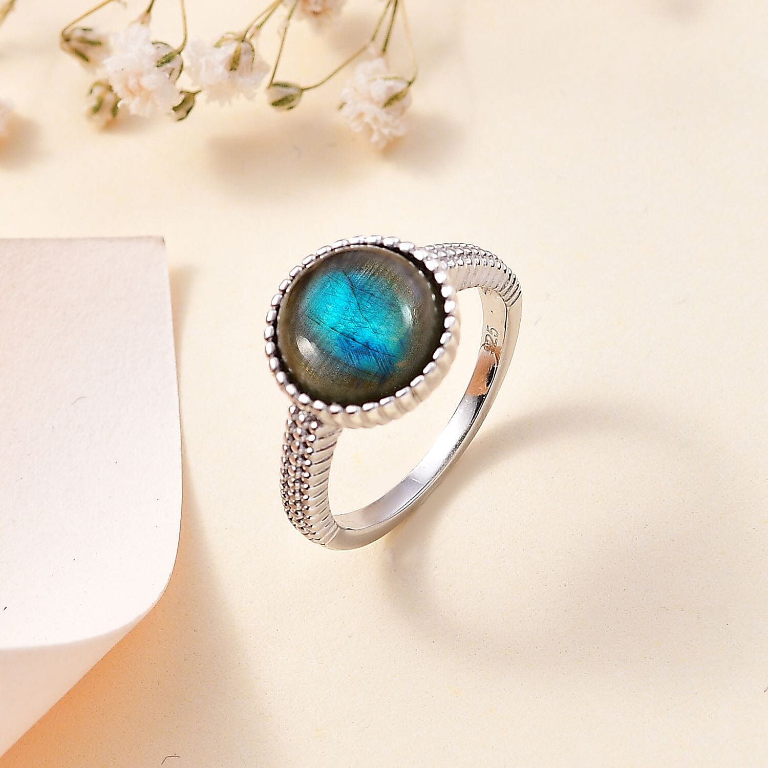 Labradorite Solitaire Ring in Rhodium Overlay Sterling Silver 4.50 Ct ...