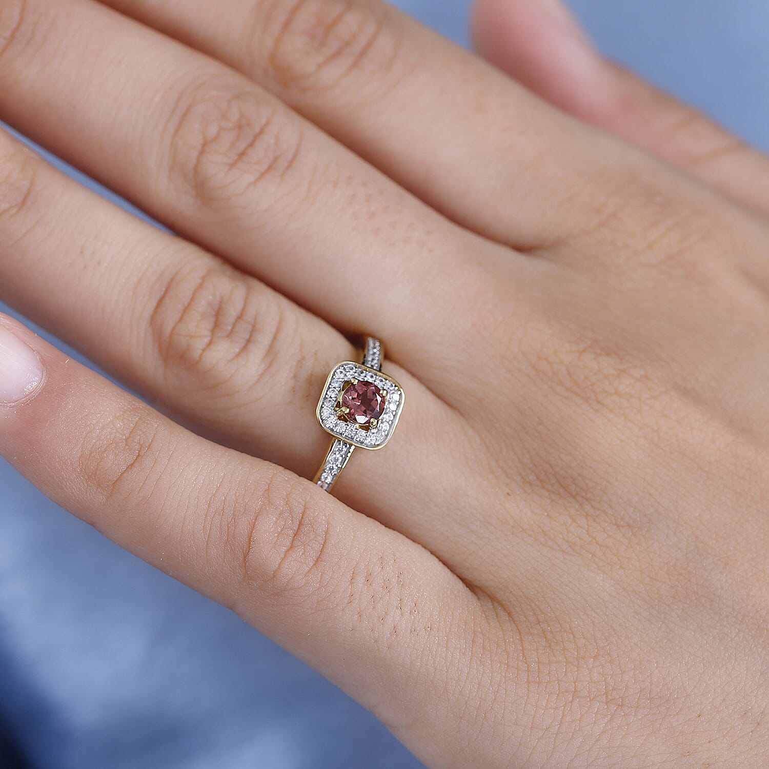 Tanzanian Blush Garnet and Natural Zircon Halo Ring in 18K Yellow Gold ...