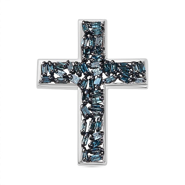 Blue Diamond Cross Pendant in Rhodium Overlay Sterling Silver - 7815278 ...