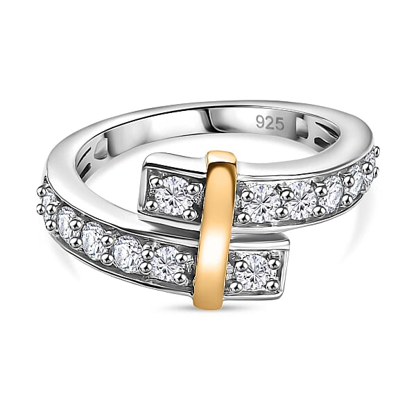 Moissanite Bypass Ring in Rhodium Overlay and 18K Yellow Gold Vermeil ...