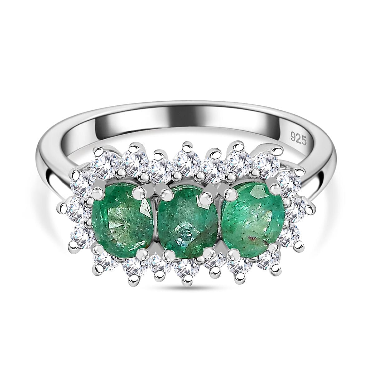 AAA Gemfields Emerald and Moissanite Trilogy Ring in Rhodium Overlay ...