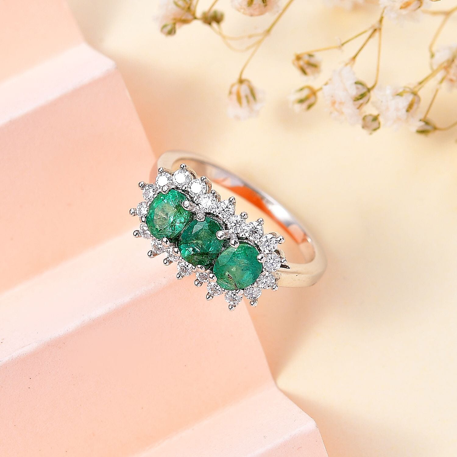 AAA Gemfields Emerald and Moissanite Trilogy Ring in Rhodium Overlay ...