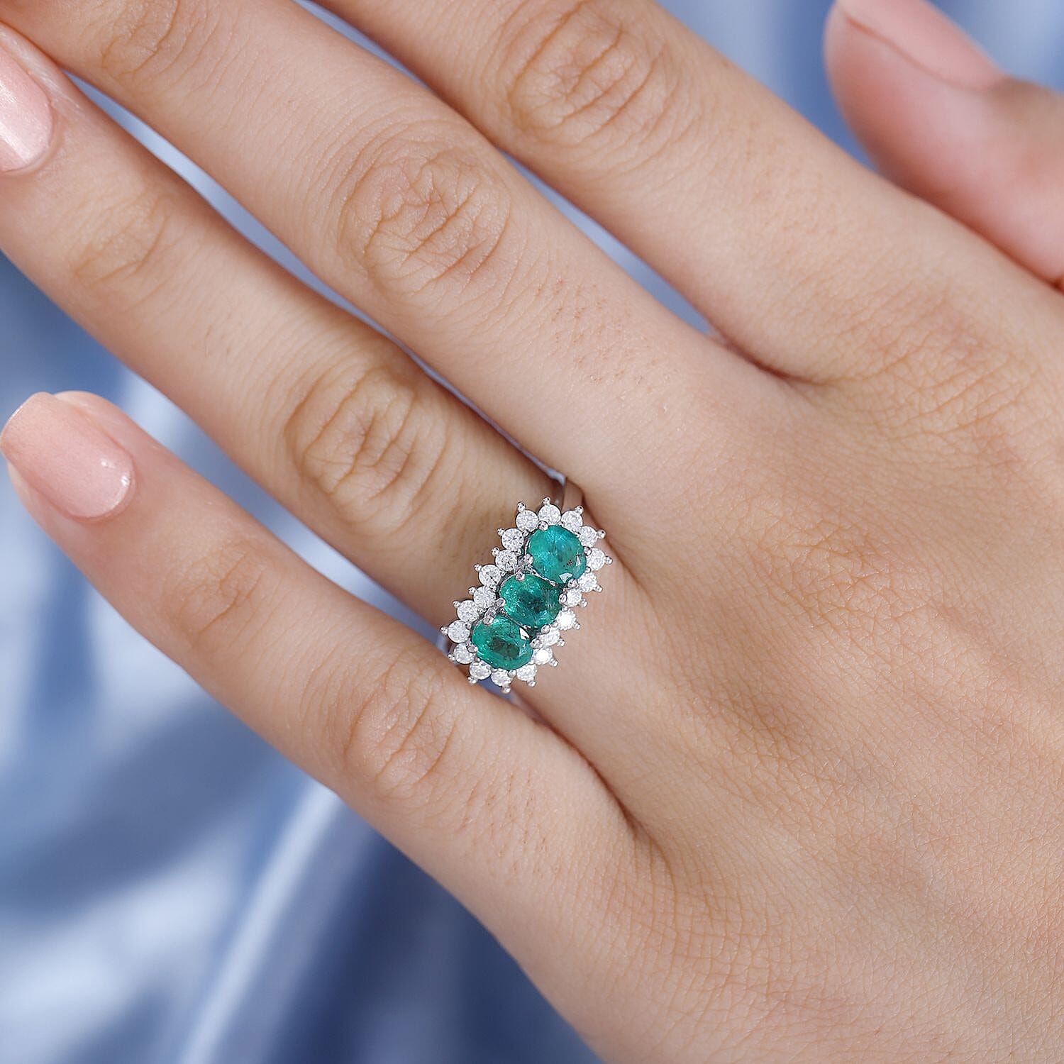 AAA Gemfields Emerald and Moissanite Trilogy Ring in Rhodium Overlay ...