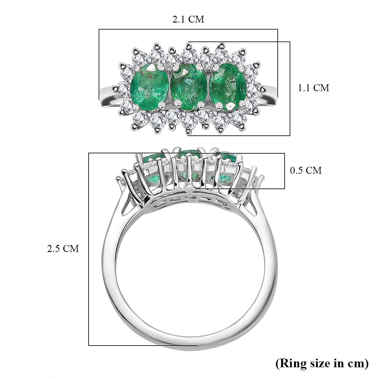 AAA Gemfields Emerald and Moissanite Trilogy Ring in Rhodium Overlay ...