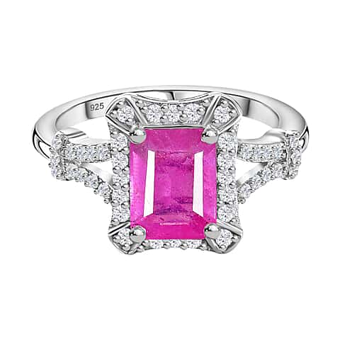 Pink Sapphire and Natural Zircon Halo Ring in Rhodium Overlay Sterling ...