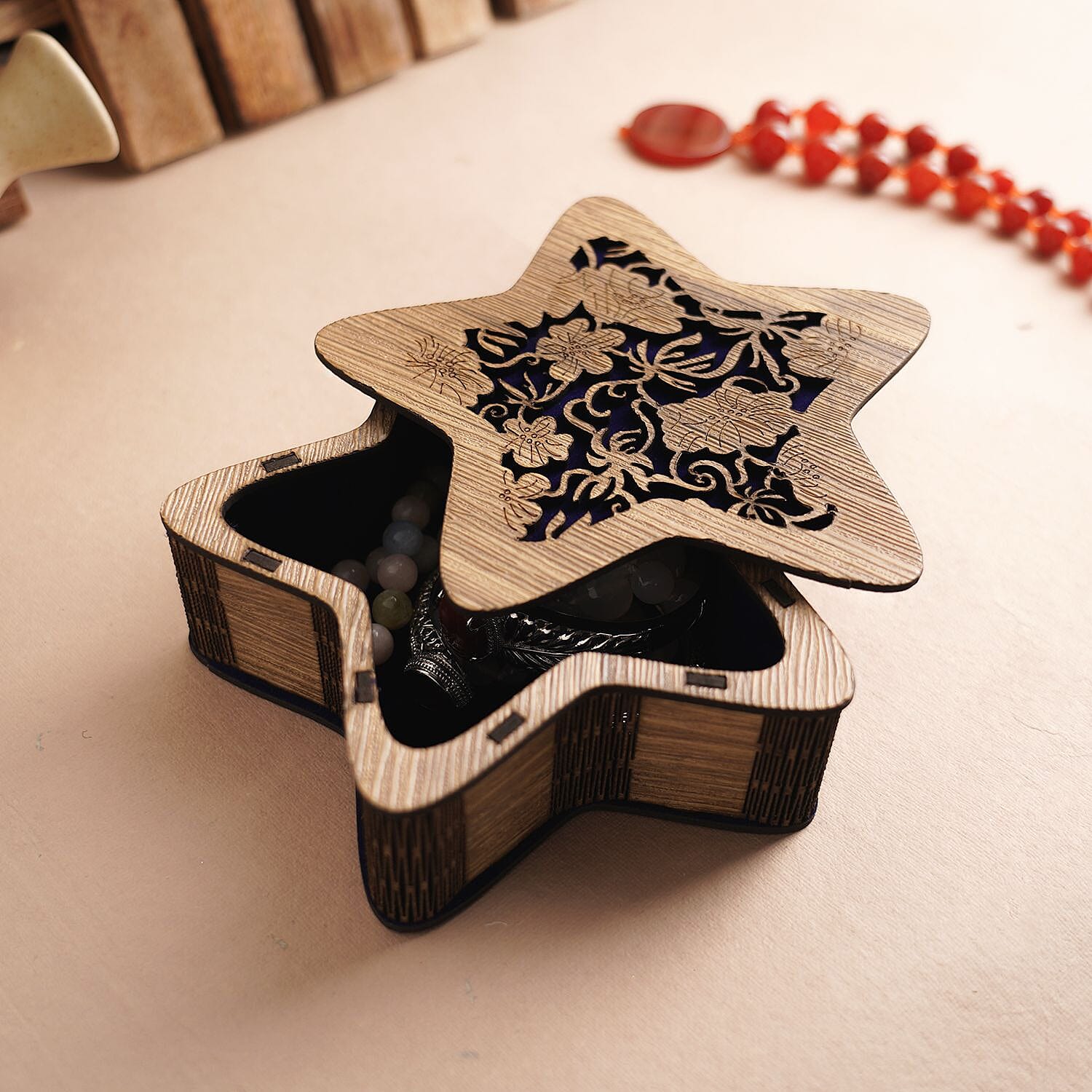 MDF Star Shape Floral Jewellery Box (Size 16x16x5 Cm) - Dark Blue ...