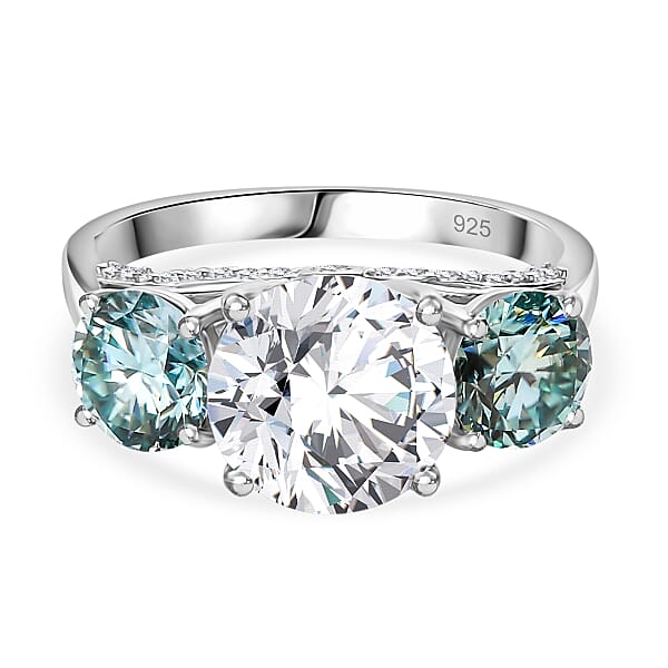 Moissanite Trilogy Ring in Rhodium Overlay Sterling Silver 4.48 ct ...