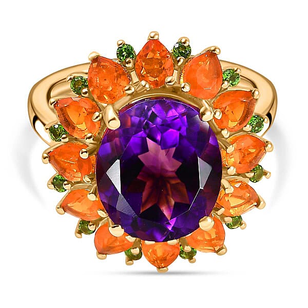 Moroccan Amethyst, Fire Opal and Natural Chrome Diopside Floral Halo ...