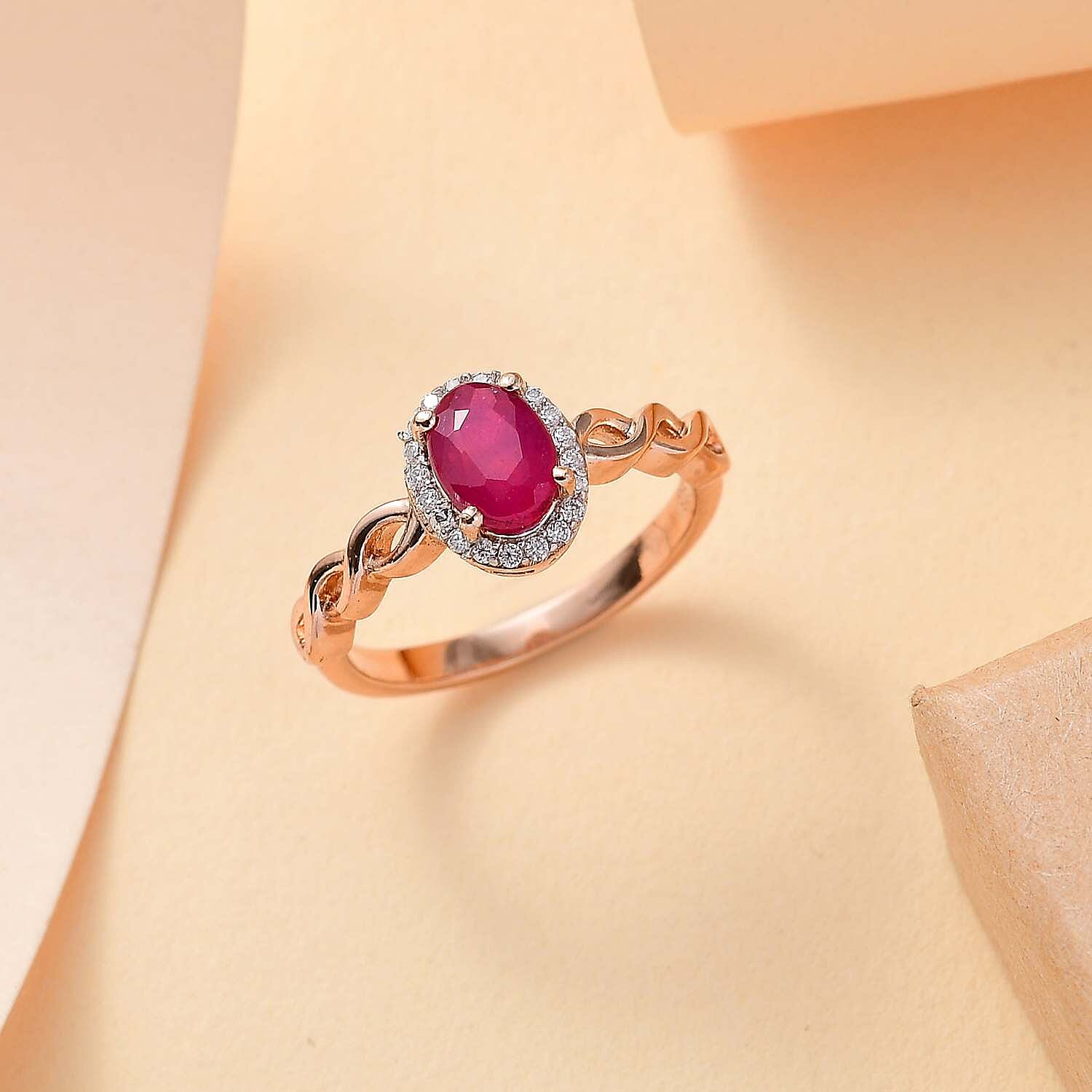Fissure Filled Ruby, Moissanite Halo Ring in 18K Vermeil Rose Gold ...