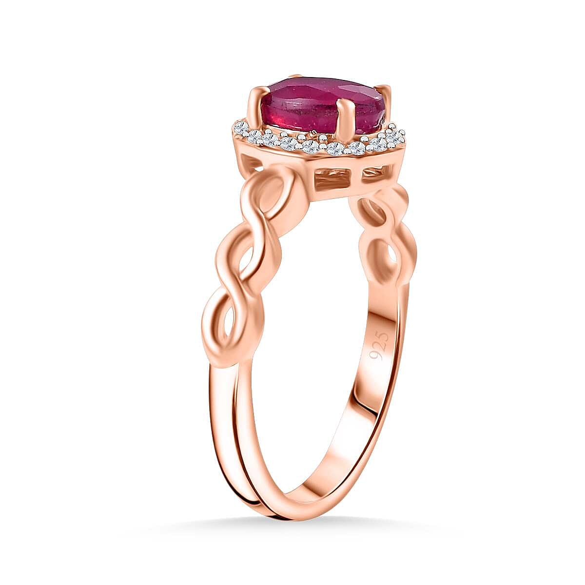 Fissure Filled Ruby, Moissanite Halo Ring in 18K Vermeil Rose Gold ...