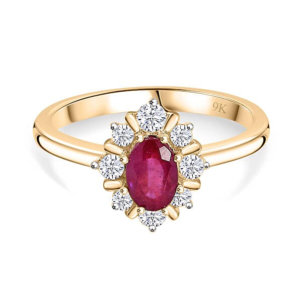 9K Yellow Gold AA Fissure Filled Ruby, Moissanite Halo Ring - 7861670 - TJC