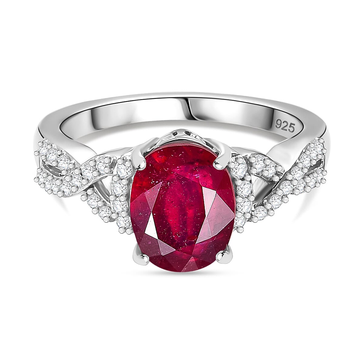 African Ruby, White Zircon Ring in Rhodium Overlay Sterling Silver 3.25 ...