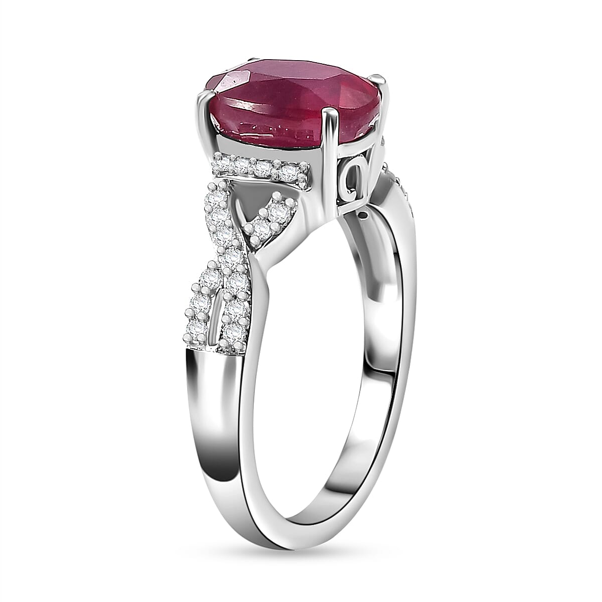 African Ruby, White Zircon Ring in Rhodium Overlay Sterling Silver 3.25 ...