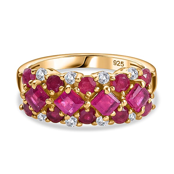African Ruby, White Zircon Band Ring in 18K Vermeil Yellow Gold Plated ...