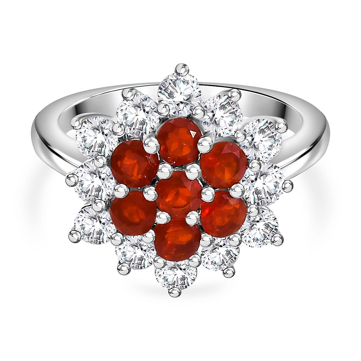 Fire Opal, White Zircon Cluster Ring in Rhodium Overlay Sterling Silver ...