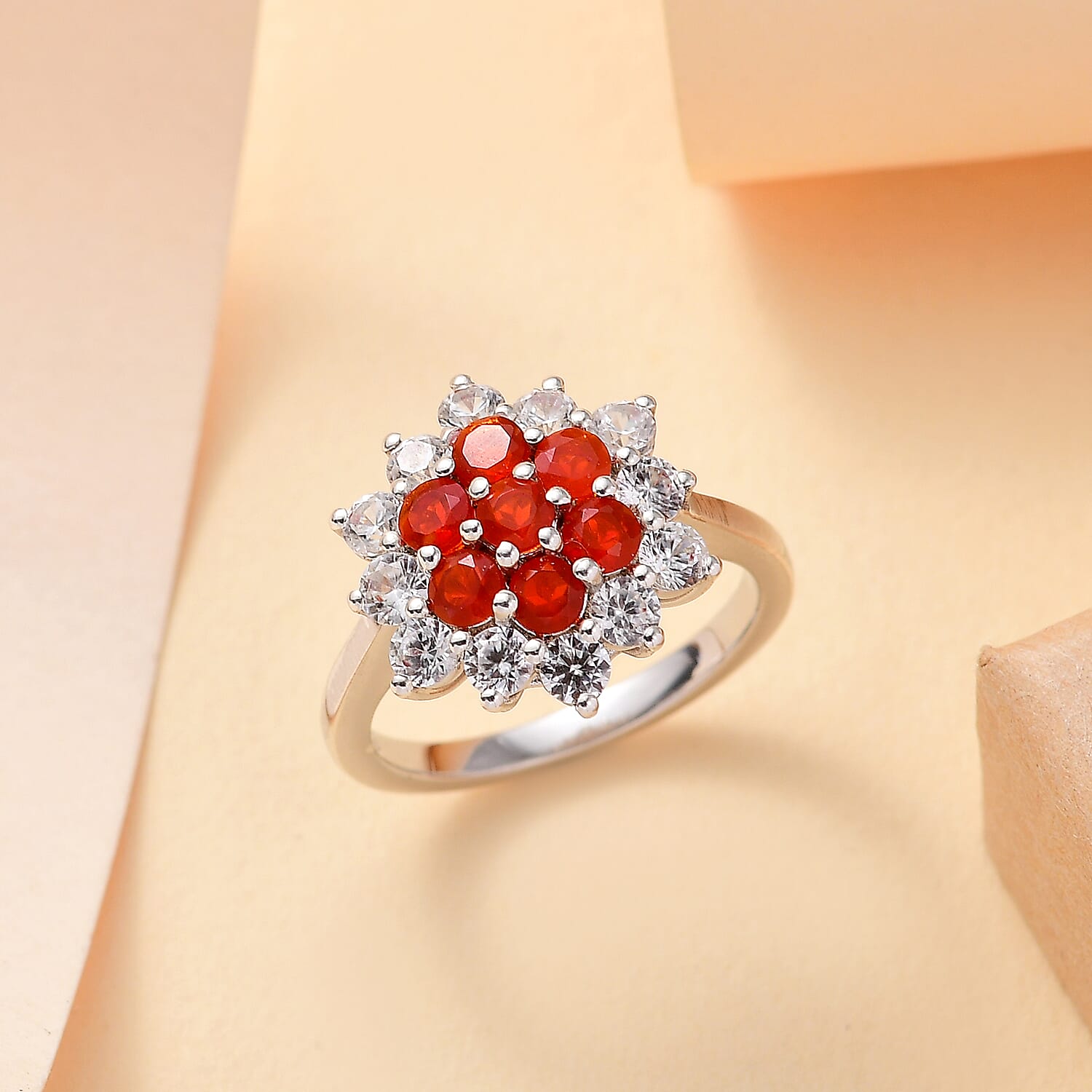 Fire Opal, White Zircon Cluster Ring in Rhodium Overlay Sterling Silver ...