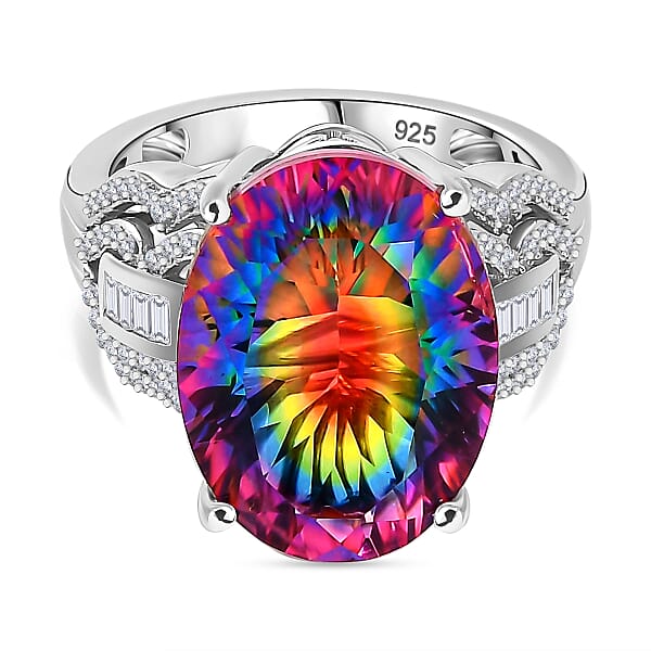 Nebula Quartz Doublet, White Zircon Ring in Rhodium Overlay Sterling ...