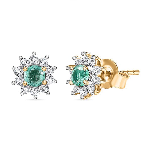 Colombian Emerald, White Zircon Halo Push Post Earring in 18K Yellow ...