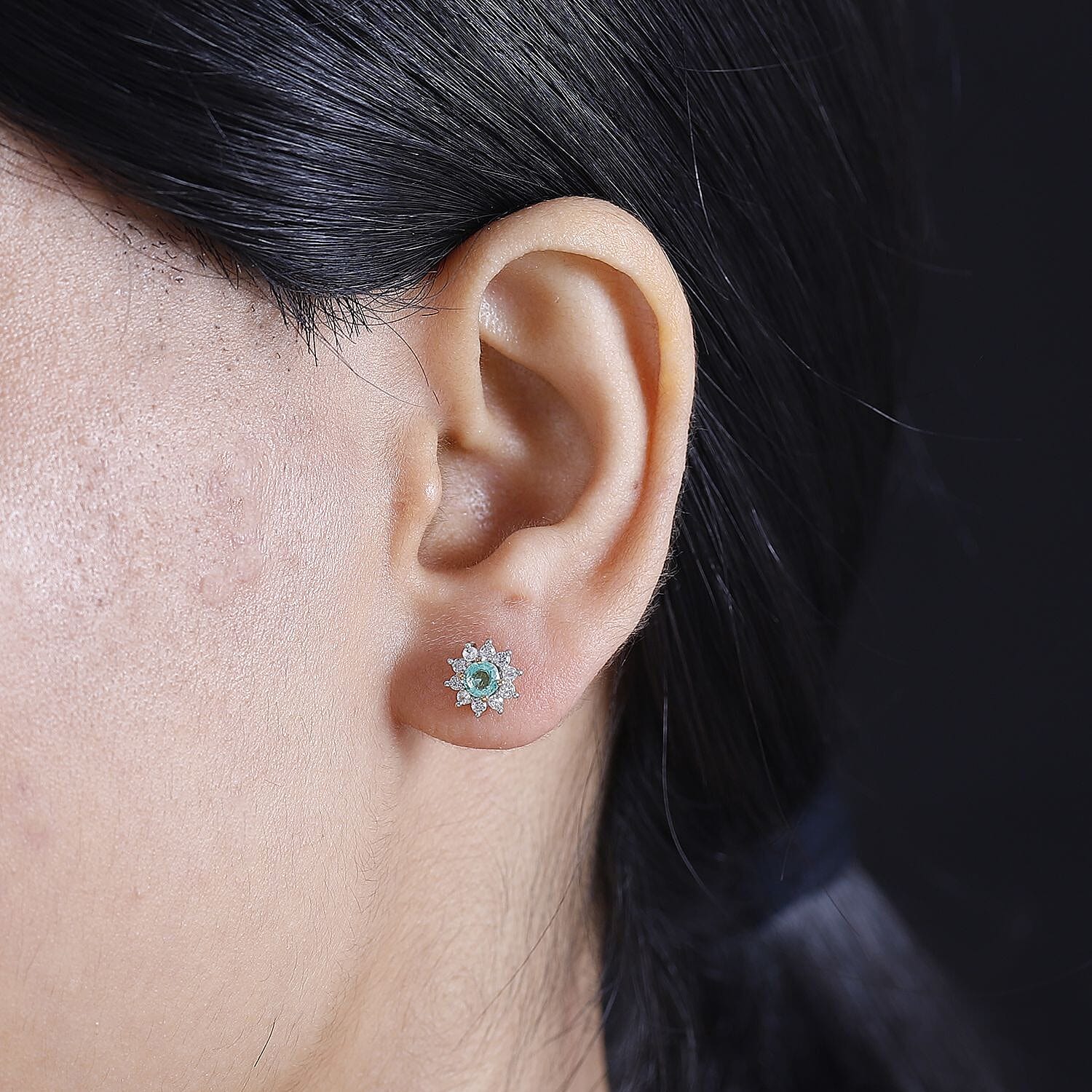 Colombian Emerald, White Zircon Halo Push Post Earring in 18K Yellow ...