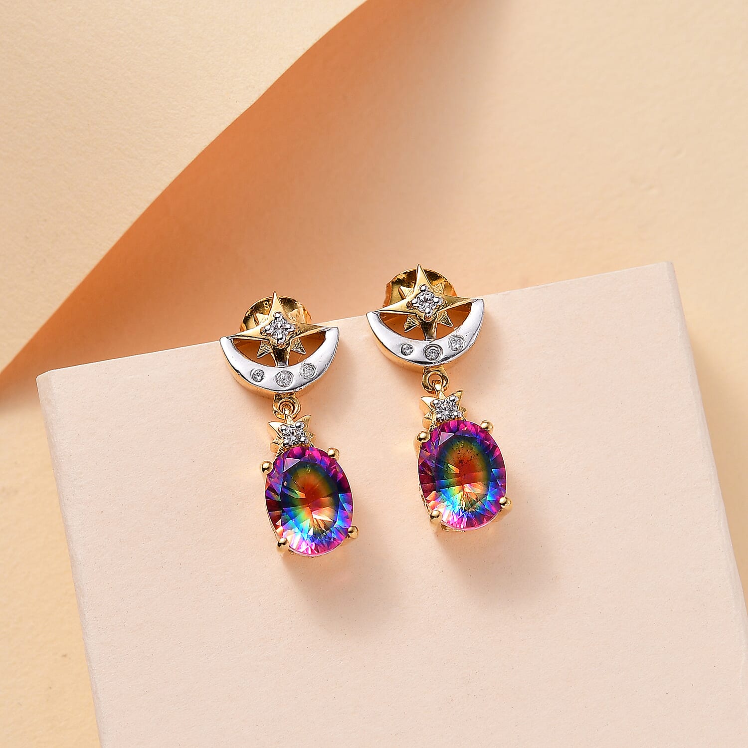 Nebula Quartz Doublet, White Zircon Star Moon Earrings in Rhodium and ...